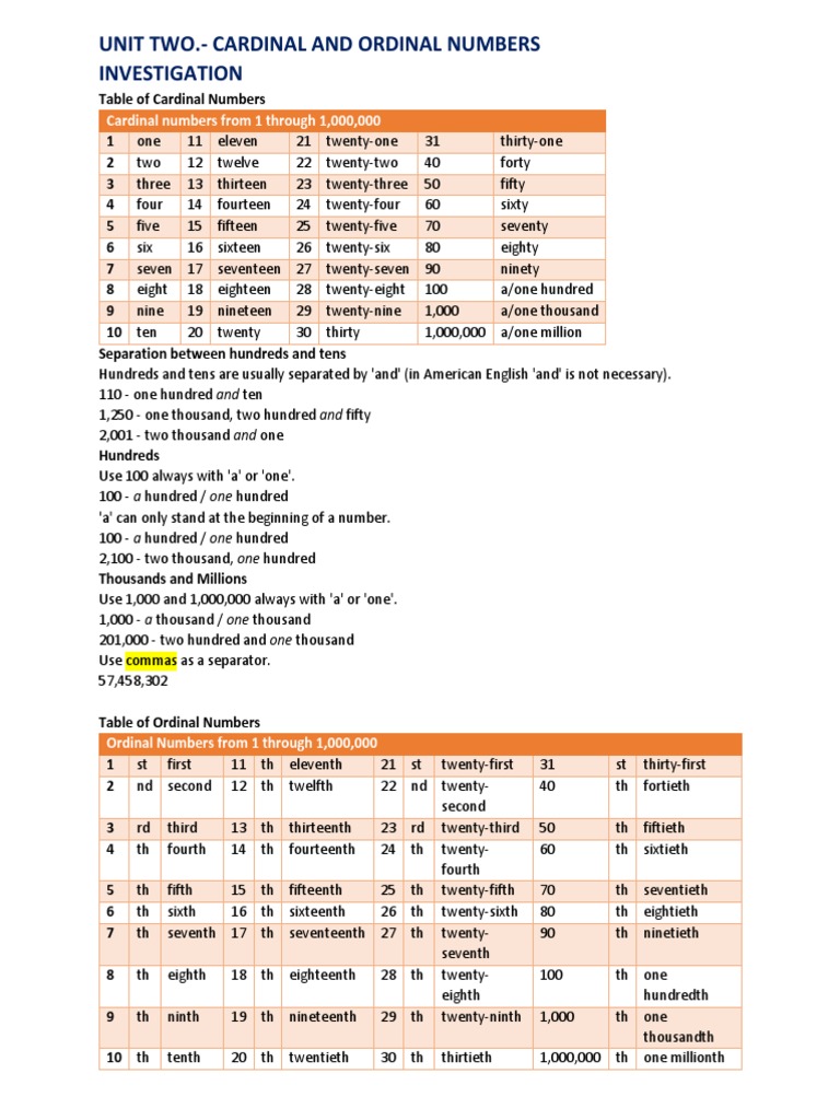 Unit Two.-Cardinal and Ordinal Numbers Investigation | PDF | Teaching ...