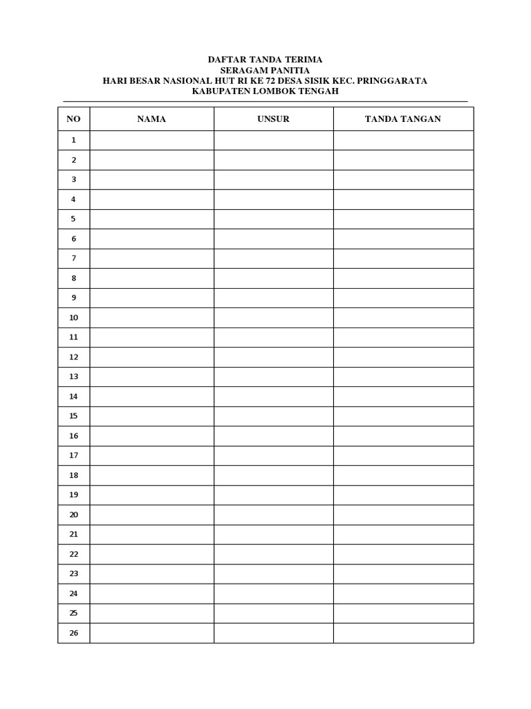 Daftar Tanda Terima Baju | PDF