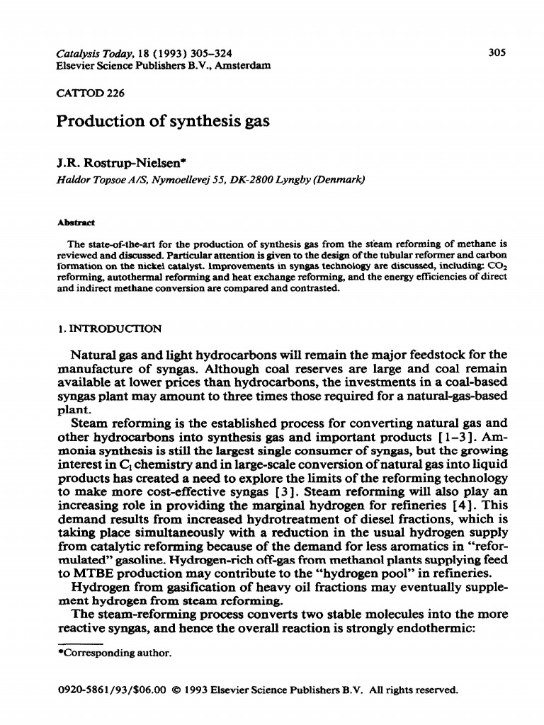 Production of Synthesis Gas: Caalysis Today, 18 (1993) 305-324 | PDF ...