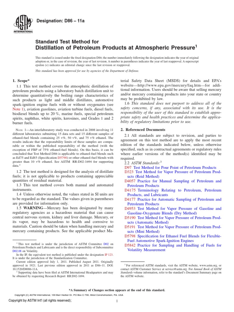 ASTM D86-11a (Metodo de Prueba Estandar para Destilación de Productos Del Petroleo A Presión ...