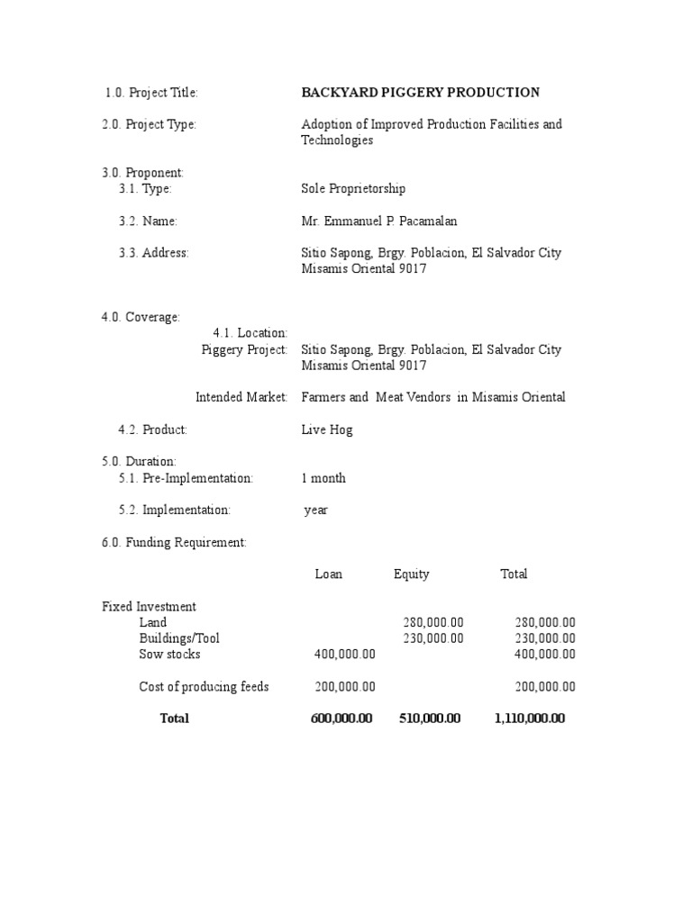 Piggery Feasibility Study Pacamalan | PDF | Expense | Agriculture