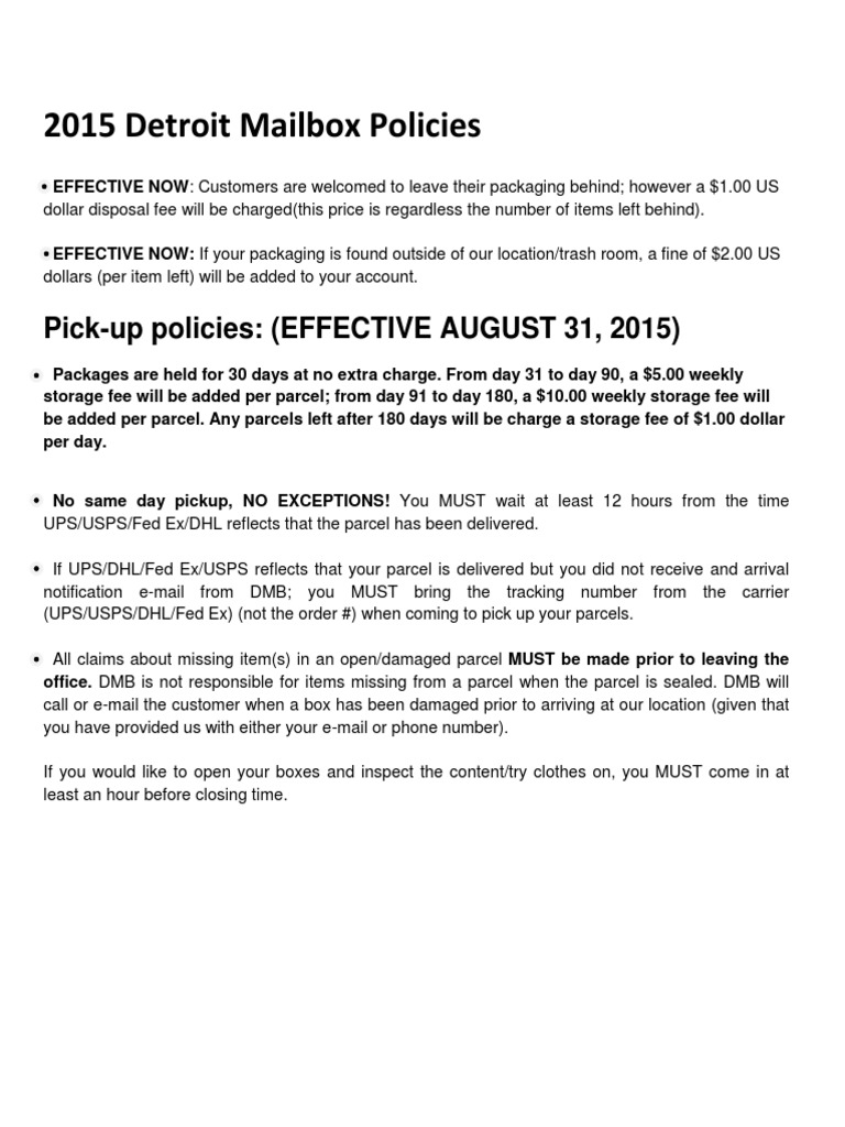 2015 Detroit Mailbox Policies: Pick-Up Policies: (EFFECTIVE AUGUST 31 ...