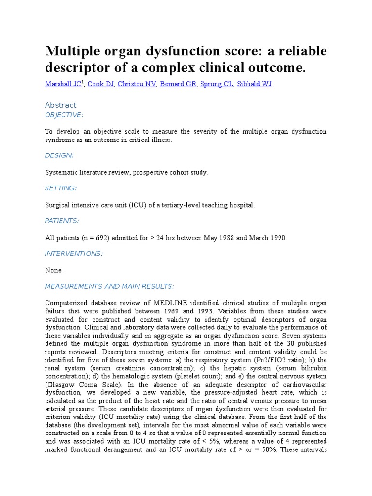 Multiple Organ Dysfunction Score | PDF | Medicine | Medical Specialties