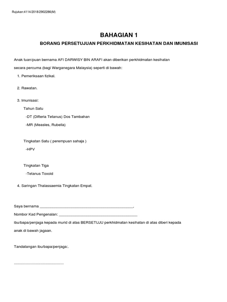 Bahagian 1: Borang Persetujuan Perkhidmatan Kesihatan Dan Imunisasi | PDF