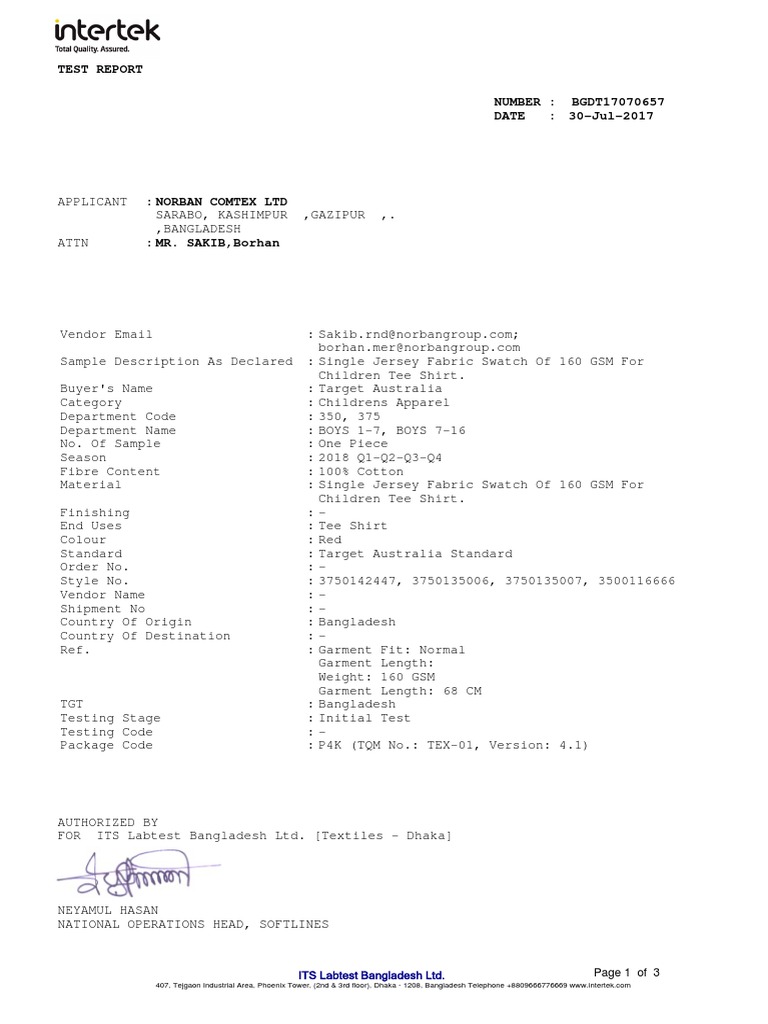 Test Report: ITS Labtest Bangladesh LTD | PDF | Contractual Term | Textiles