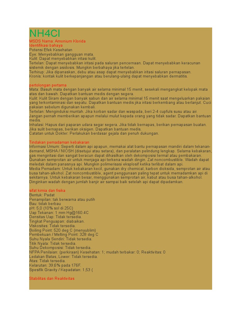 MSDS Amonium Klorida (NH4Cl) | PDF