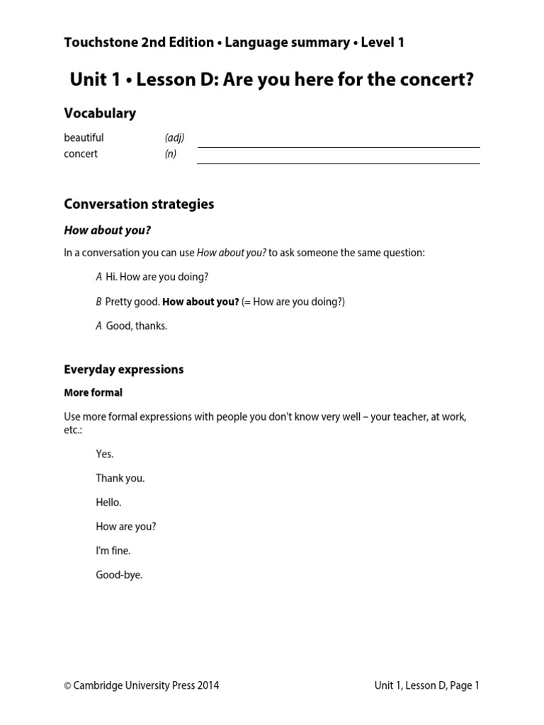 Unit 1 - Lesson D: Are You Here For The Concert?: Touchstone 2nd Edition - Language Summary ...