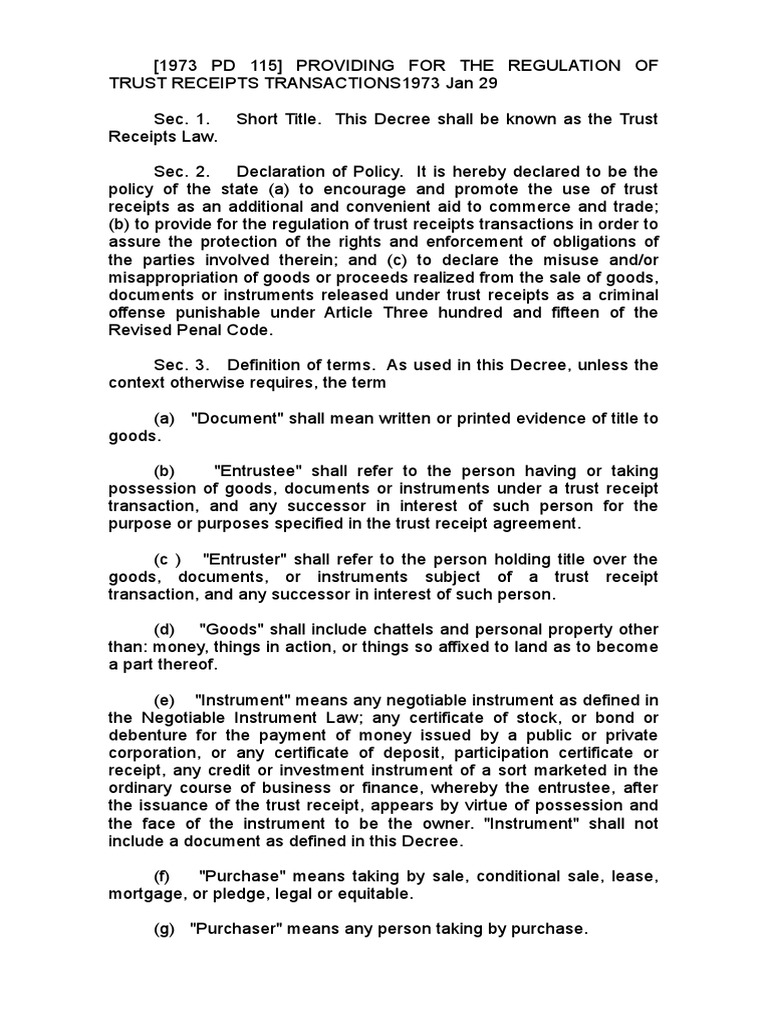 PD 115 Trust Receipt Law | PDF | Security Interest | Receipt