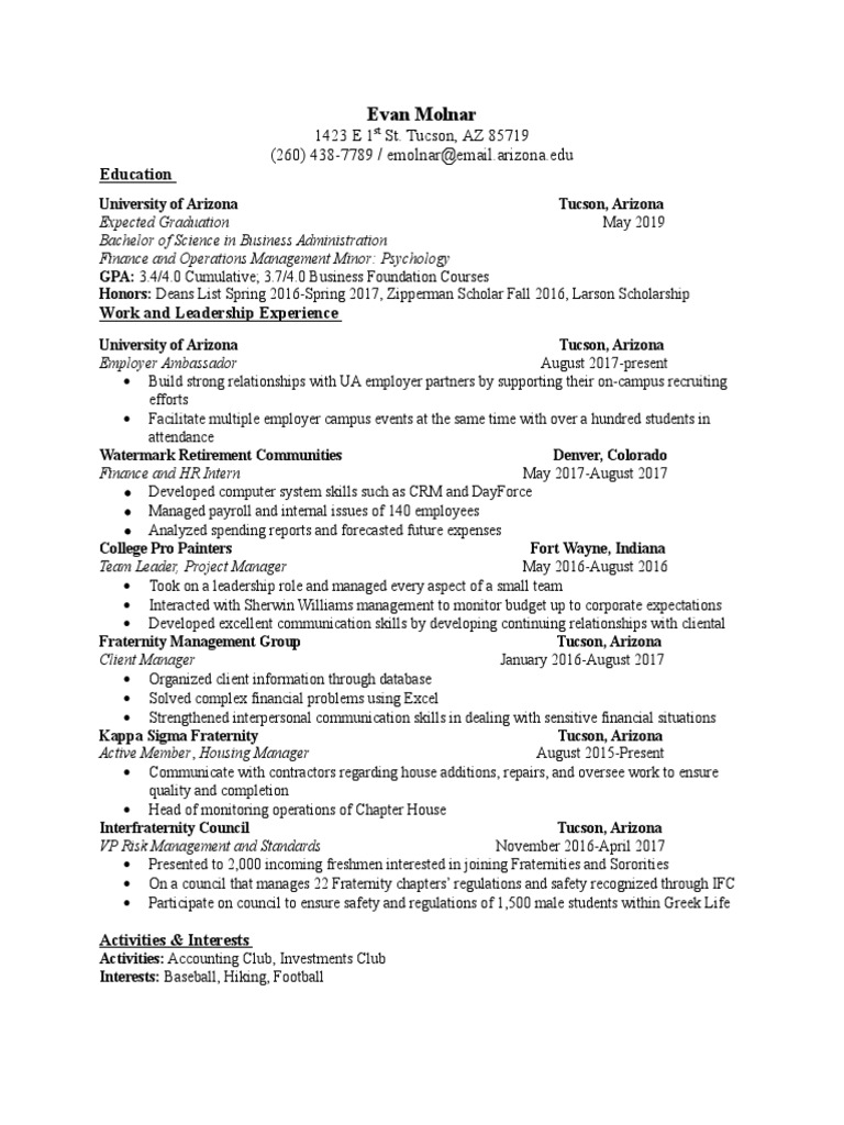 Evan Molnar Resume Updated | PDF | Fraternities And Sororities | Business