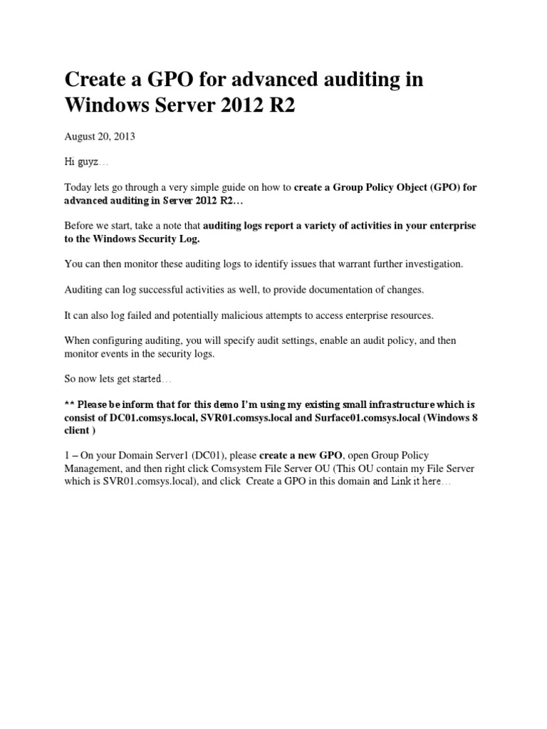Create A GPO For Advanced Auditing in Windows Server 2012 R2 | PDF ...