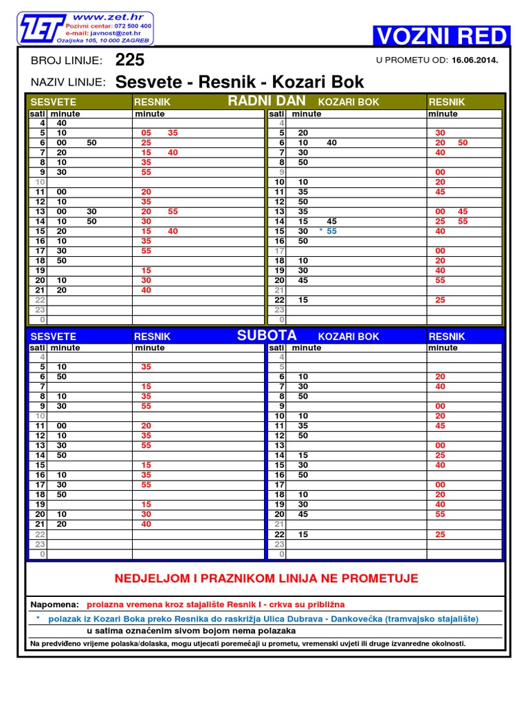Vozni Red: Sesvete - Resnik - Kozari Bok 225 | PDF