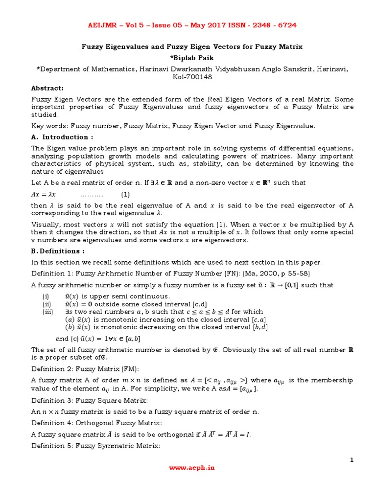 Fuzzy Eigenvalues and Fuzzy Eigen Vectors For Fuzzy Matrix | Download Free PDF | Eigenvalues And ...