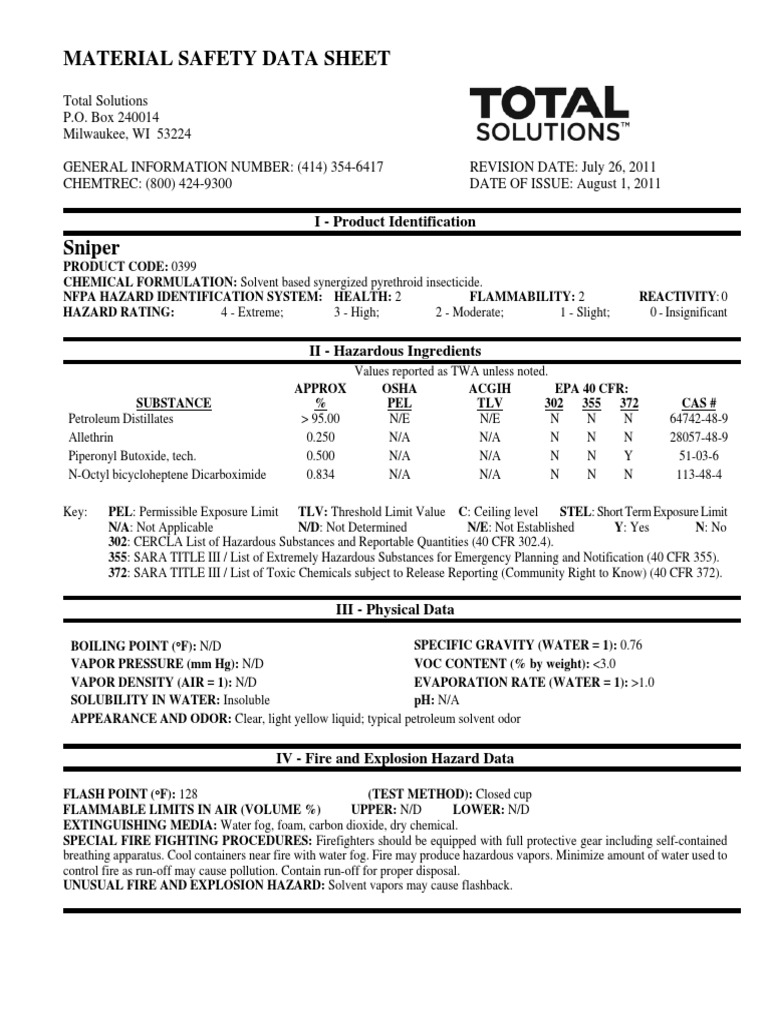 Material Safety Data Sheet for Sniper Insecticide | PDF | Personal ...