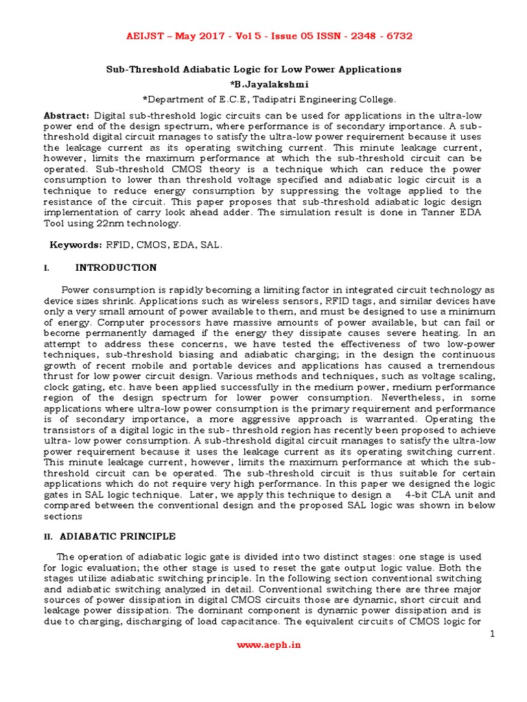 Sub-Threshold Adiabatic Logic For Low Power Applications | PDF | Logic Gate | Cmos