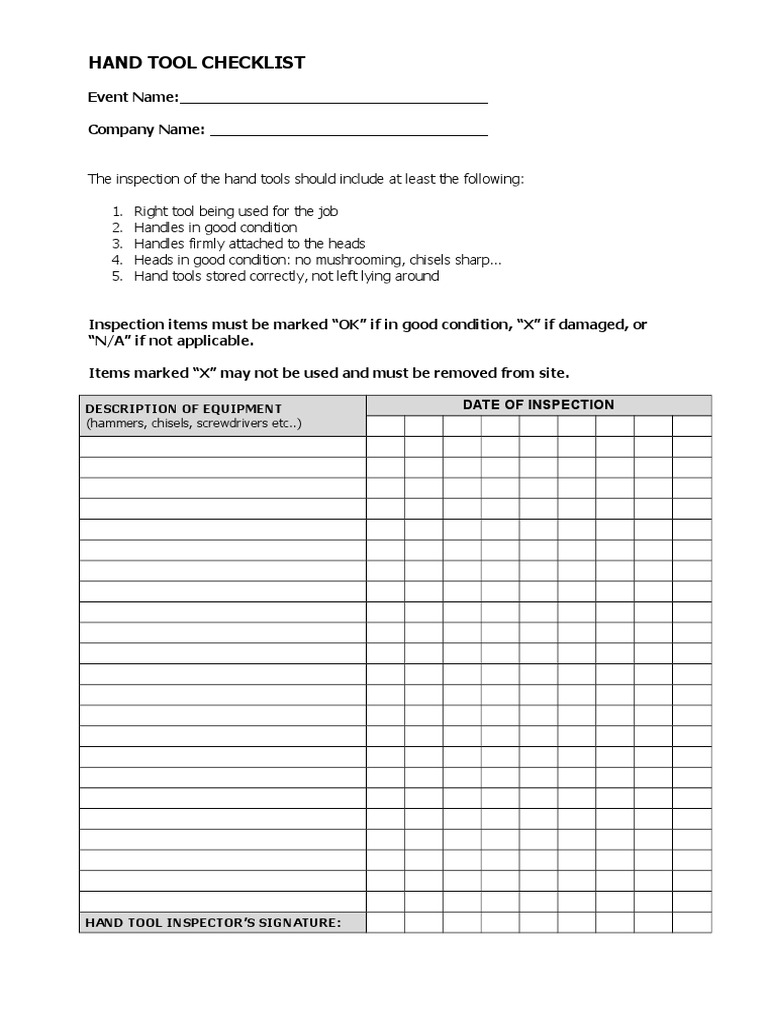 Hand Tool Checklist: Event Name: Company Name | PDF