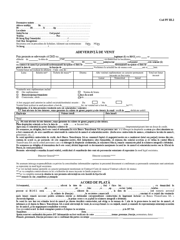 Adeverinta de Venit Banca Transilvania PDF | PDF