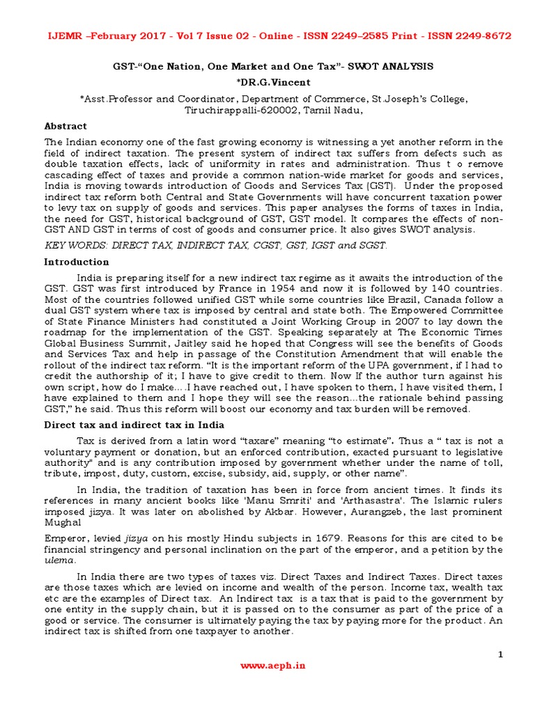 GST-"One Nation, One Market and One Tax" - SWOT ANALYSIS | PDF | Value ...
