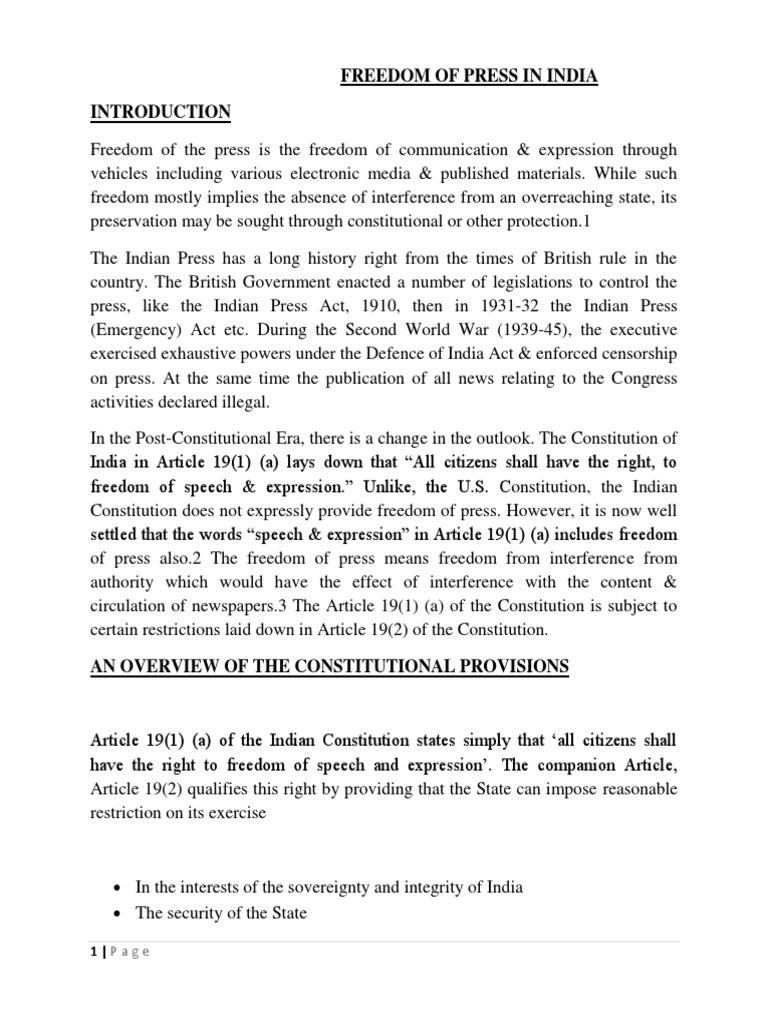 Freedom of Press in India: An Overview | PDF | Freedom Of The Press ...