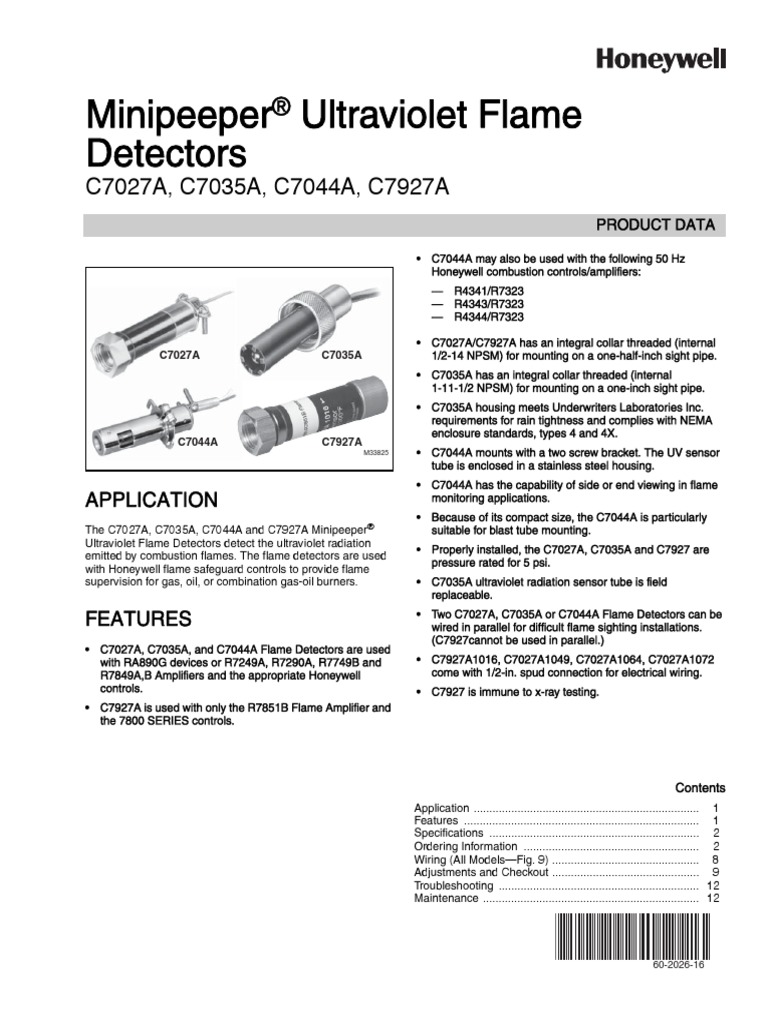 Minipeeper Ultraviolet Flame Detectors: C7027A, C7035A, C7044A, C7927A ...