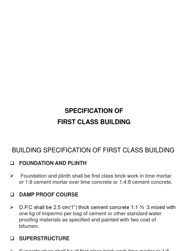 First Class Building Specifications | PDF | Mortar (Masonry) | Plaster