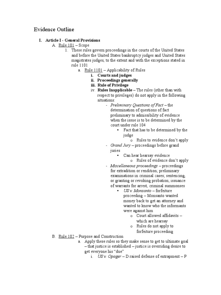 Evidence Outline: I. Article I - General Provisions | PDF | Relevance ...