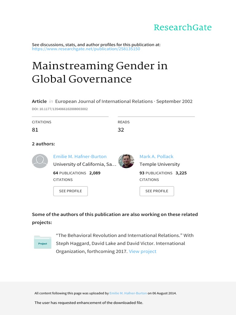 Mainstreaming Gender in Global Governanc PDF | PDF | Gender ...