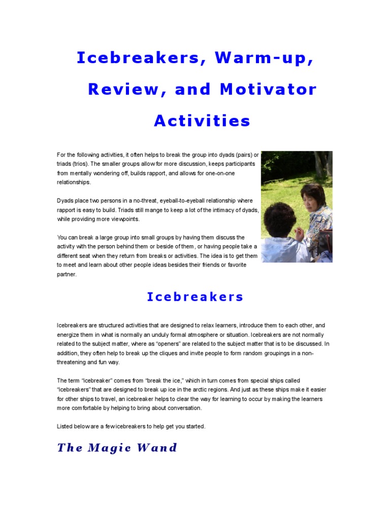 Icebreakers, Warm-Up, Review, and Motivator Activities | PDF ...