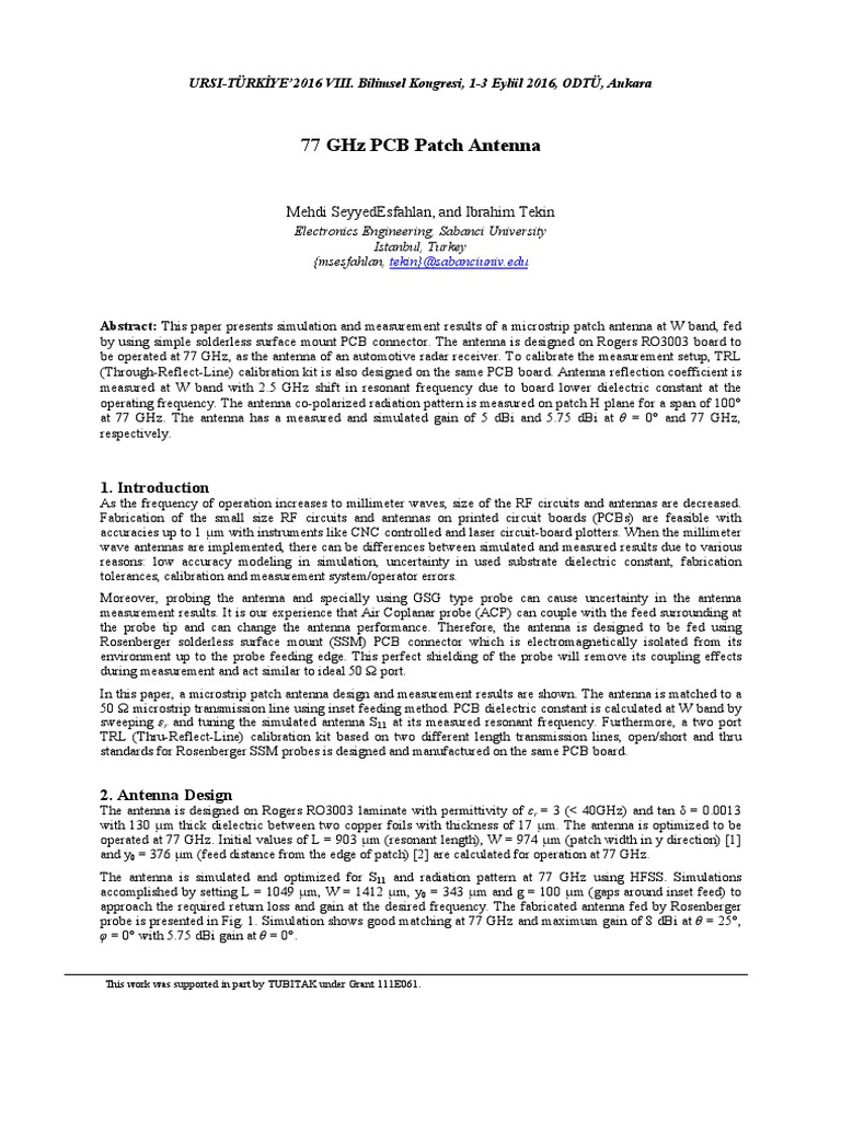77 GHZ PCB Patch Antenna (Ursi2016tekinfinal) | PDF | Antenna (Radio ...