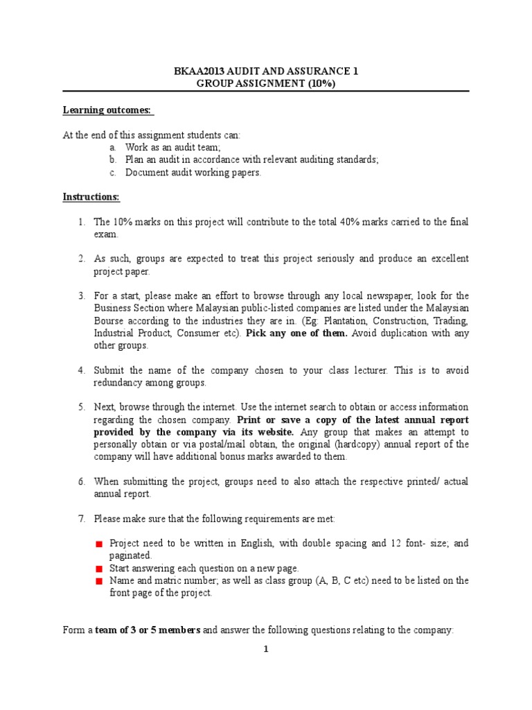 Bkaa2013 Audit and Assurance 1 Group Assignment (10%) Learning Outcomes ...