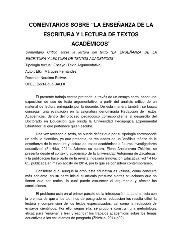 Ensayo Crítico sobre el Articulo LA ENSEÑANZA DE LA ESCRITURA Y LECTURA ...