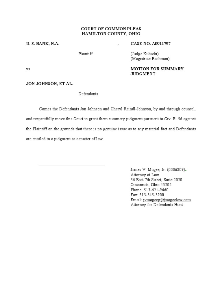 Court of Common Pleas Hamilton County, Ohio U. S. Bank, N.A. - CASE NO ...