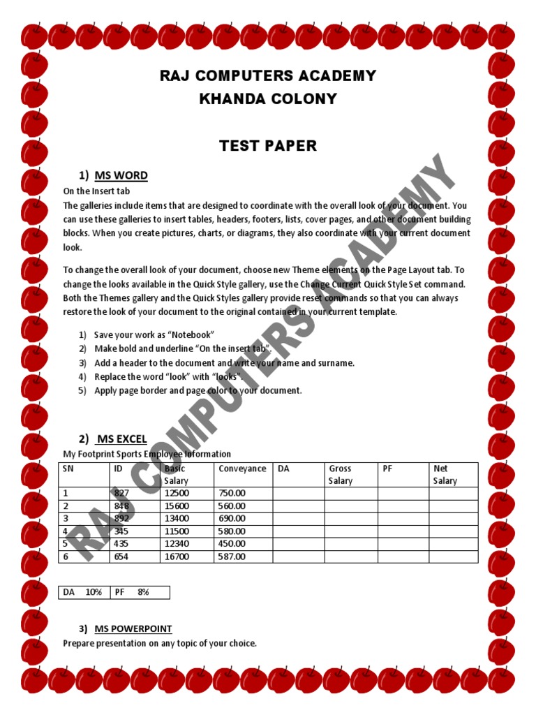 MS Office Test Paper: Word, Excel, PowerPoint | PDF