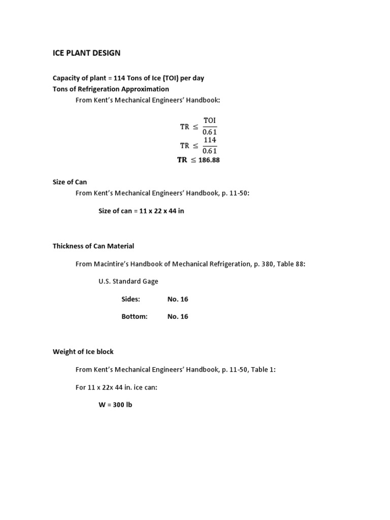 Ice Plant Design: Capacity of Plant 114 Tons of Ice (TOI) Per Day Tons ...