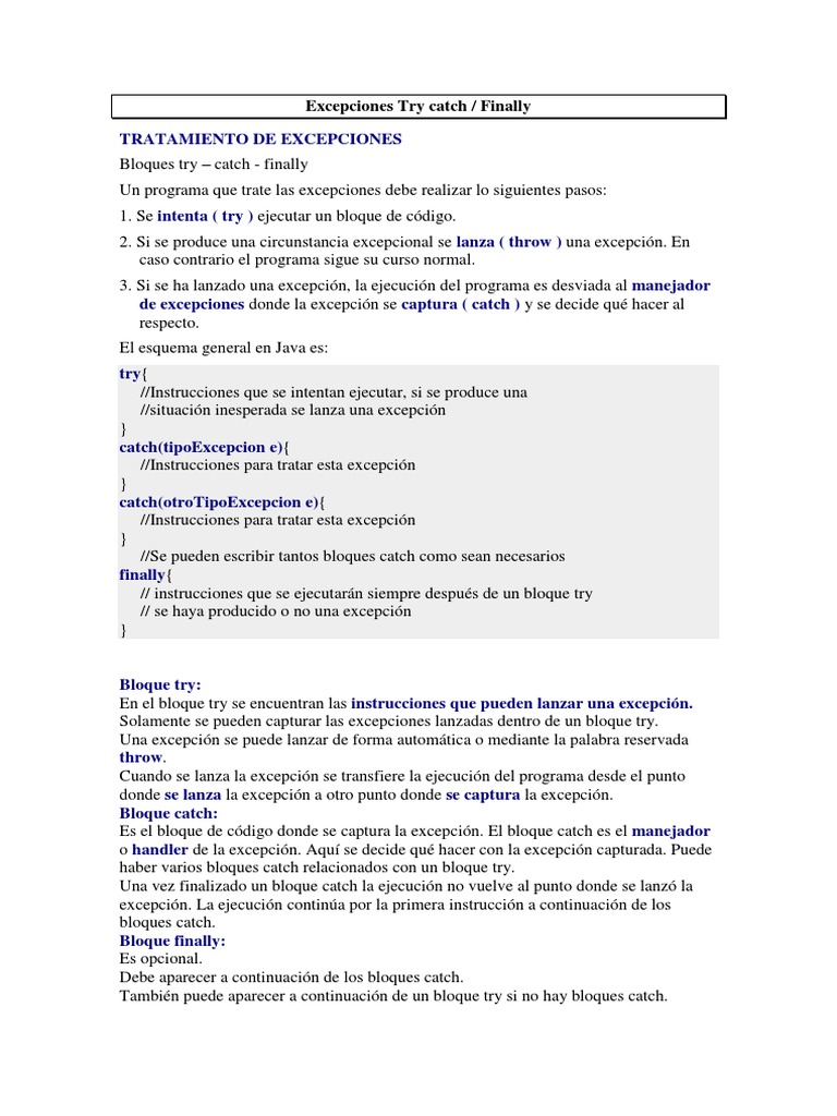 Excepciones Try Catch | PDF | Cadena (informática) | Java (lenguaje de ...
