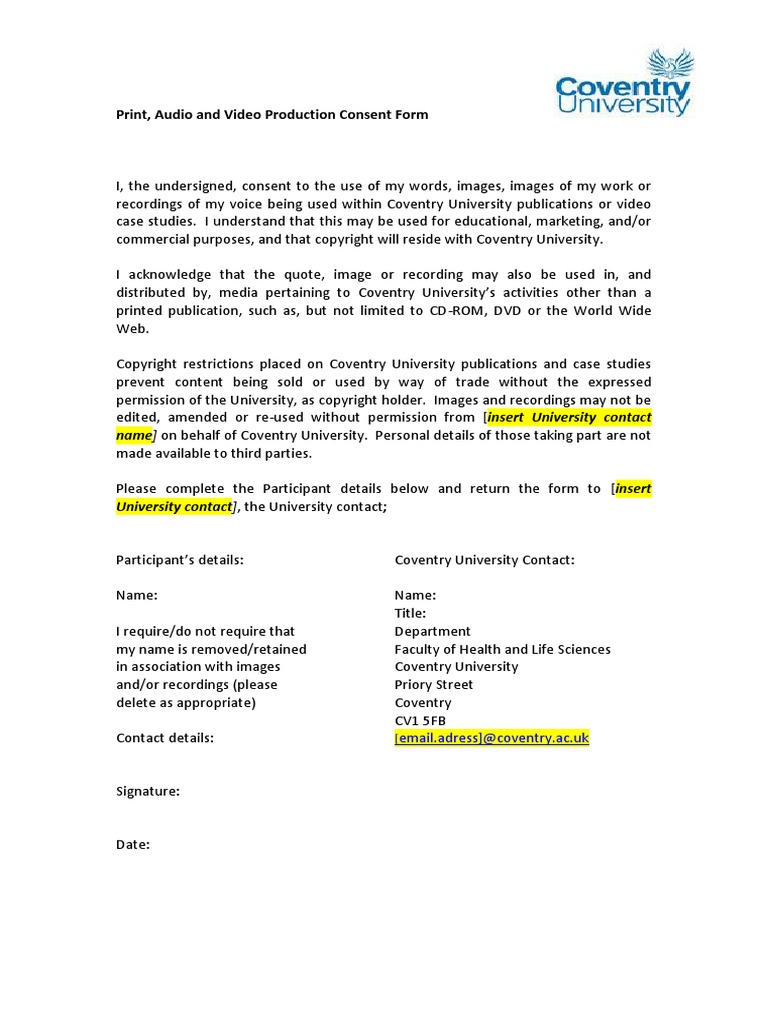 Print, Audio and Video Production Consent Form | PDF