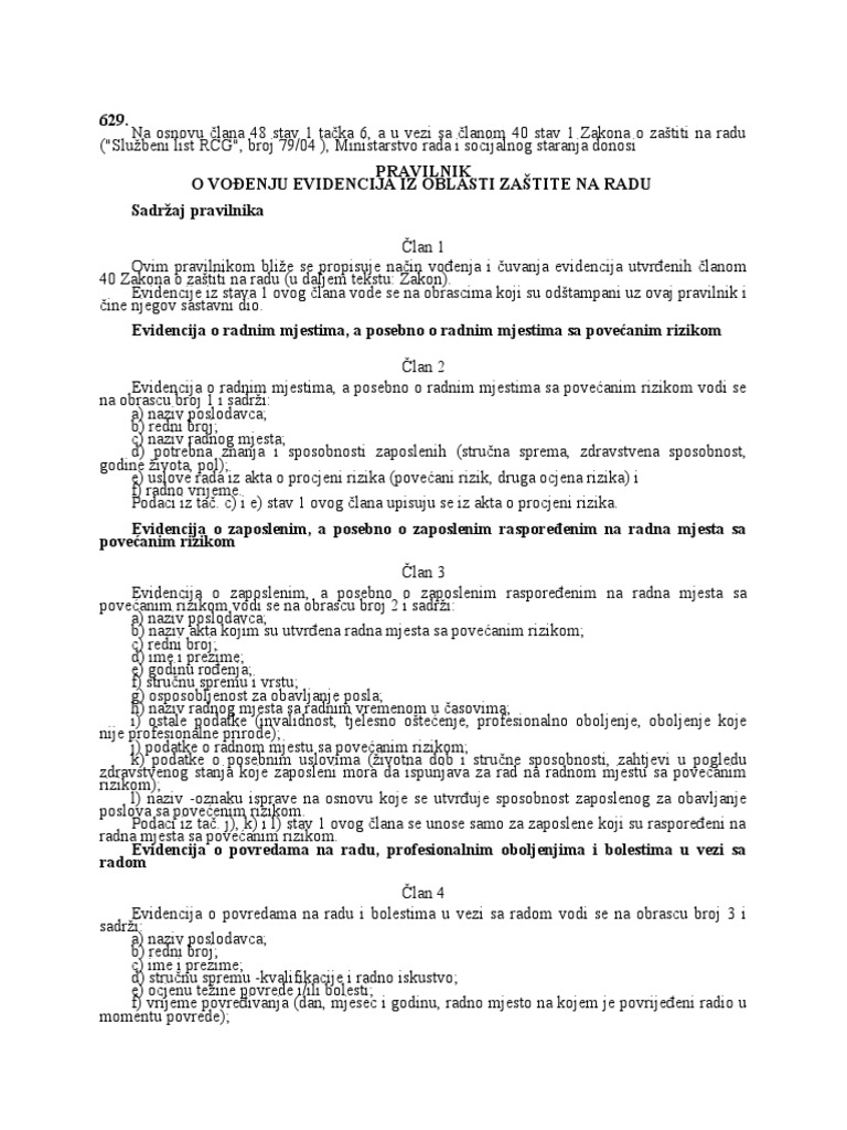 Pravilnik o VoÄ Enju Evidencija Iz Oblasti ZaĹ Tite Na Radu | PDF