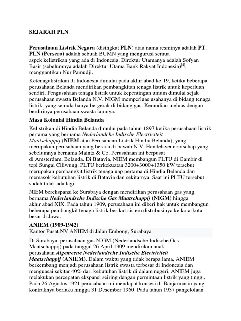 Sejarah Perusahaan Listrik Negara (PLN) | PDF