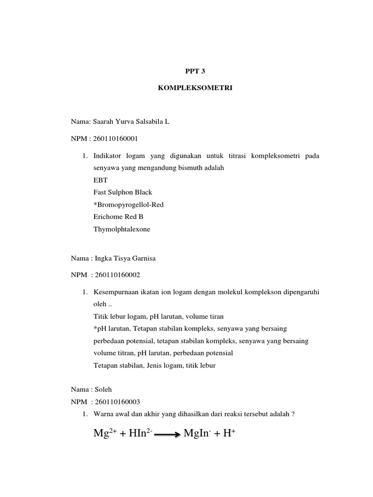 Soal Anfar Kelas A - PPT 3 - Kompleksometri | PDF