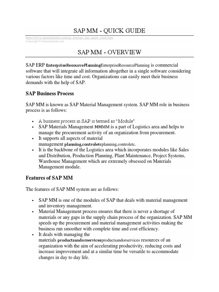 Sap MM - Quick Guide | PDF | Procurement | Login