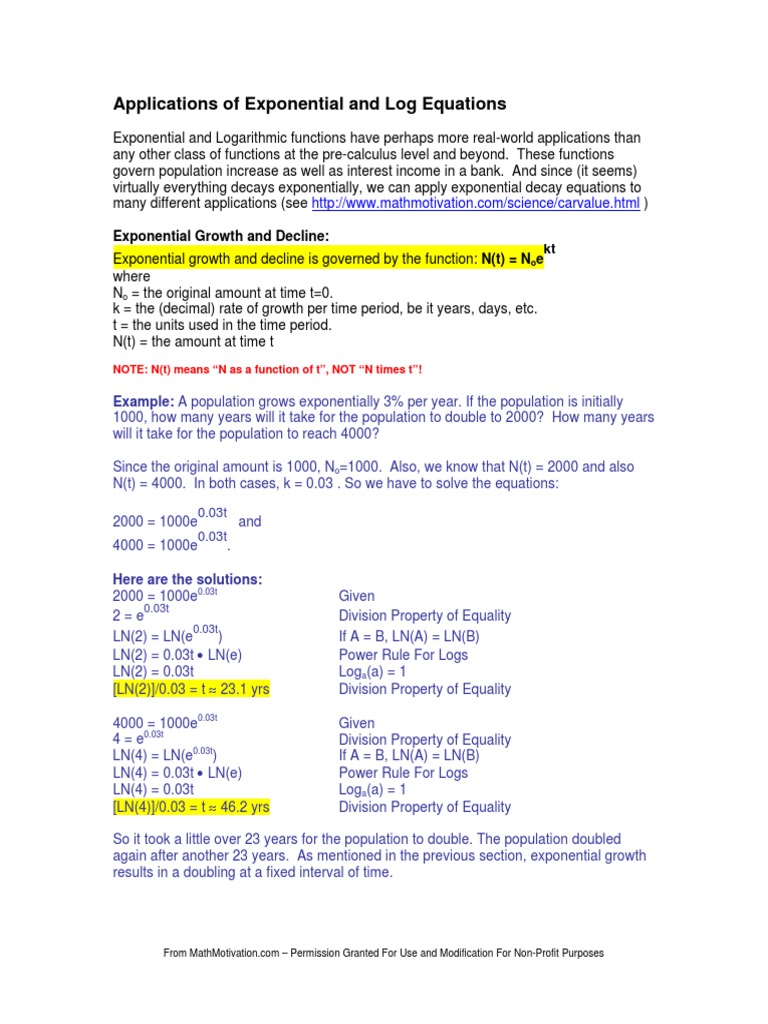 Applications of Exponential and Log Equations | Download Free PDF ...