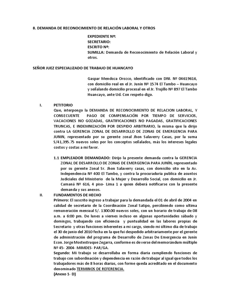 Demanda de Reconocimiento de Relación Laboral y Otros | PDF | Derecho laboral | Justicia