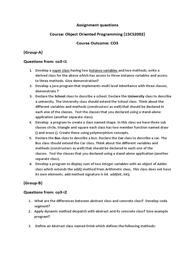 Co3 Assignment Questions | PDF | Method (Computer Programming) | Class (Computer Programming)