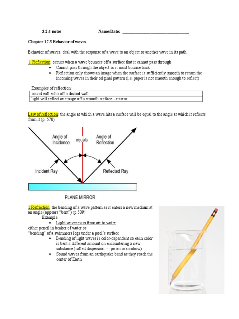 3 2 4 Teacher Notes Wave Behavior | PDF | Reflection (Physics) | Waves