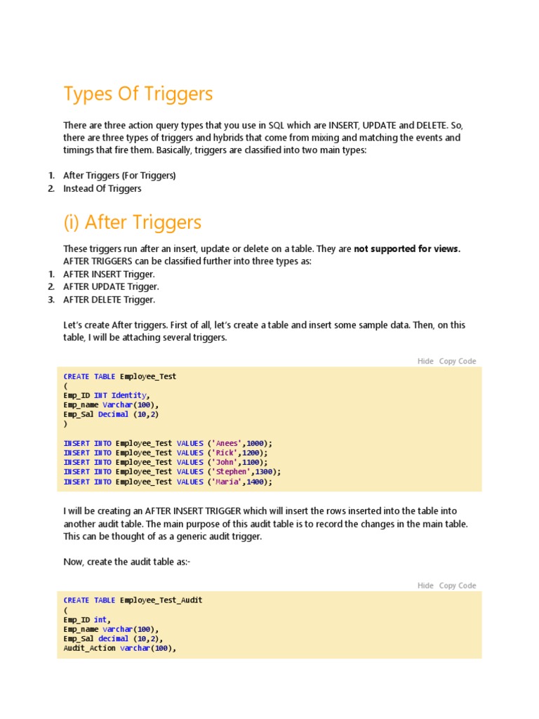 Types of Triggers: Create INT Identity Varchar Decimal | PDF | Data Management Software | Areas ...