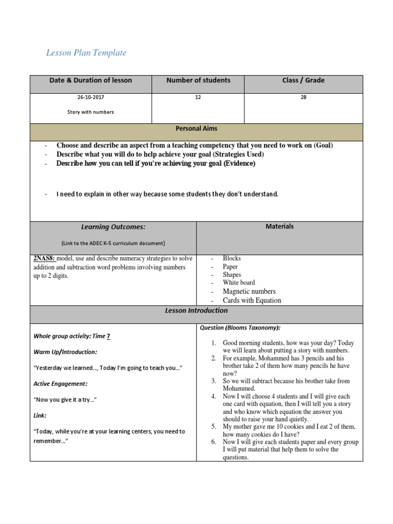 Lesson Plan Template: Date & Duration of Lesson Number of Students ...