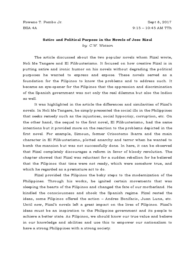 Satire and Political Purpose in The Novels of Jose Rizal: By: C.W ...