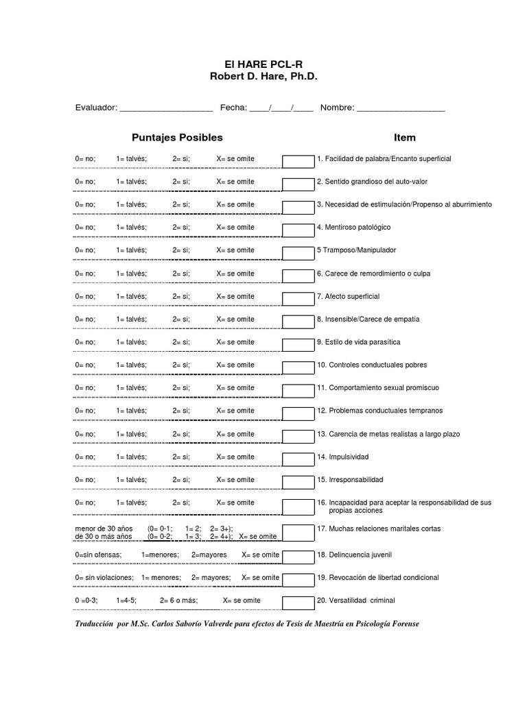 Hoja de Registro Del PCL-R | Psicología | Ciencias del comportamiento