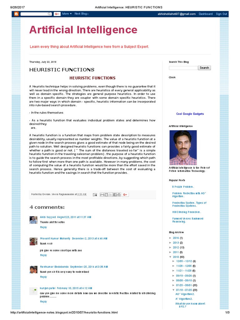 Artificial Intelligence - HEURISTIC FUNCTIONS | PDF | Heuristic | Algorithms And Data Structures