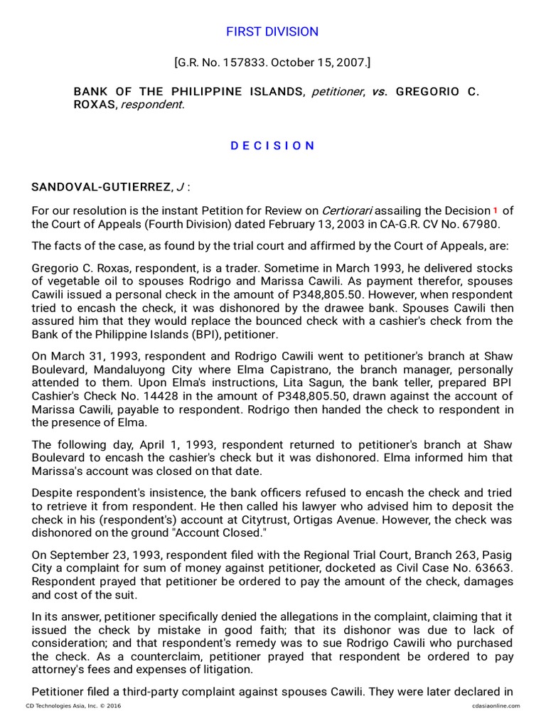 Bank of The Philippine Islands v. Roxas | PDF | Lawsuit | Complaint