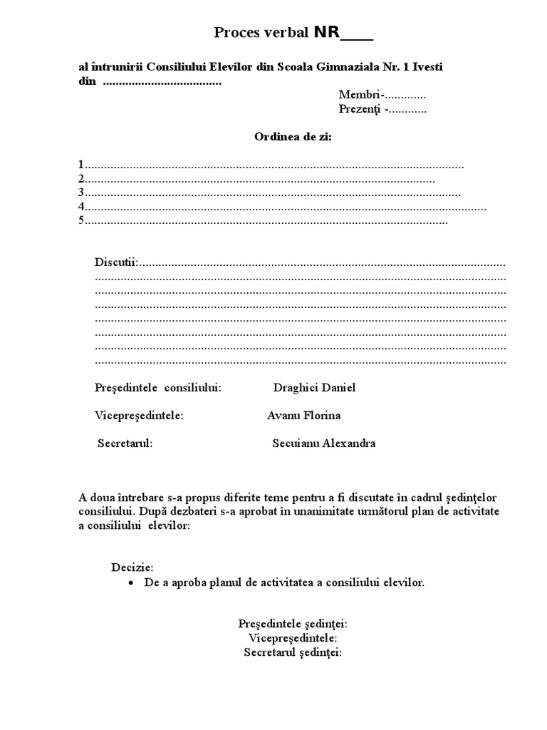Procese Verbale Consiliul Elevilor | PDF